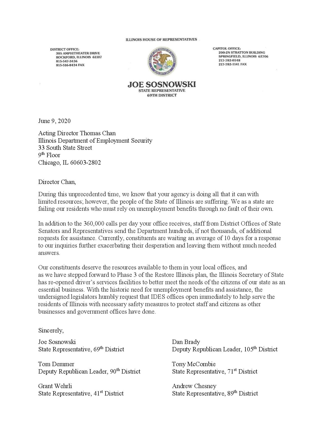 Sosnowski, House GOP call on IDES to reopen local offices - Joe Sosnowski